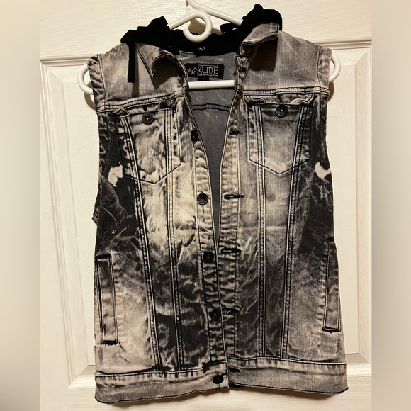 RUDE | Jackets & Coats | Hot Topic Rude Distressed Denim Vest With Hood ...